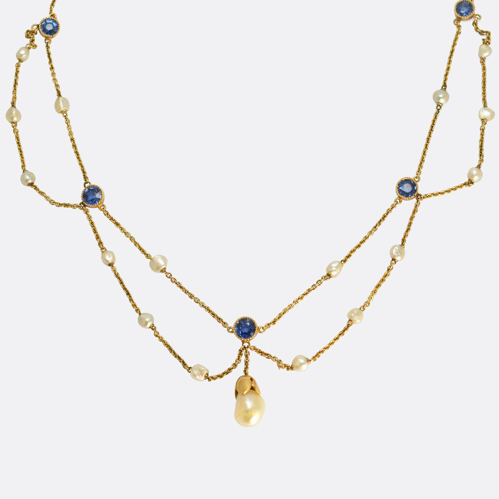 Edwardian Sapphire & Natural Pearl Swag Necklace – Butter Lane Antiques