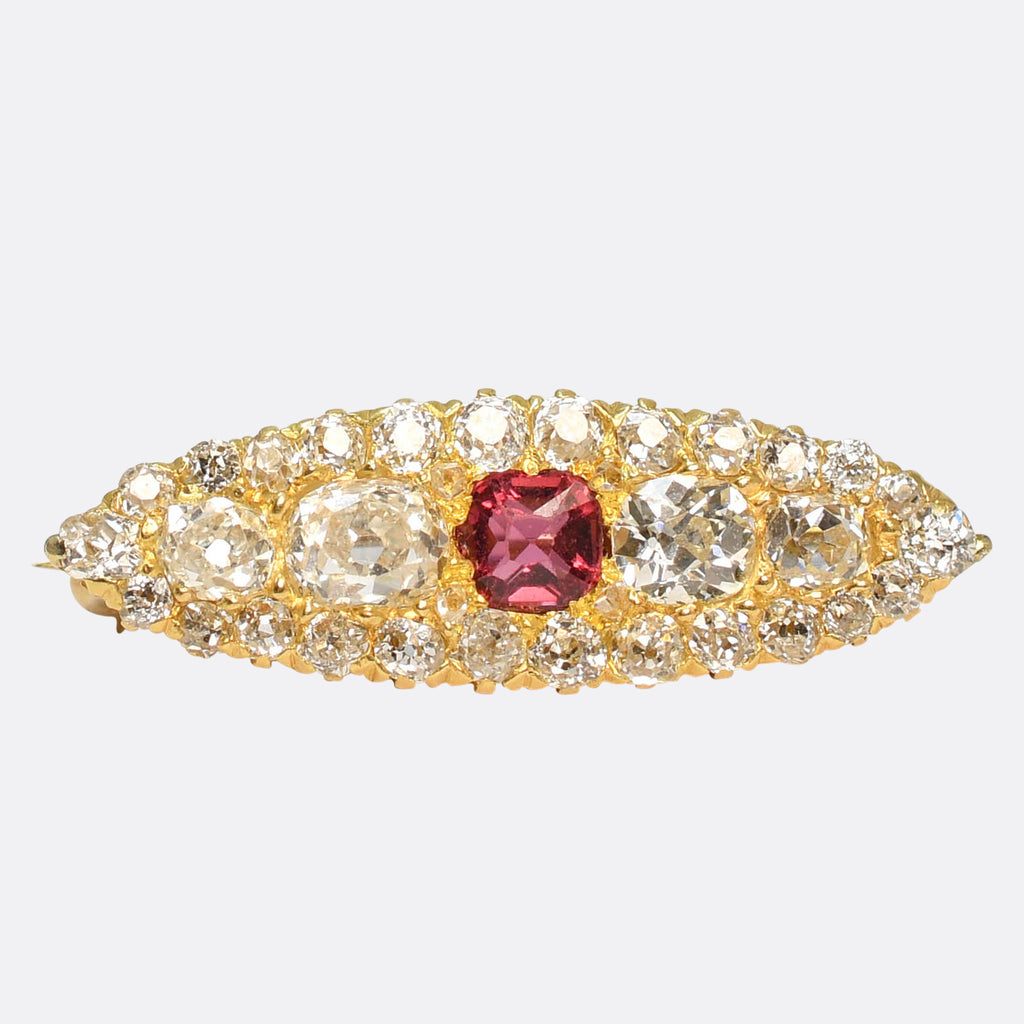 Victorian Ruby & Diamond Cluster Navette Brooch – Butter Lane Antiques