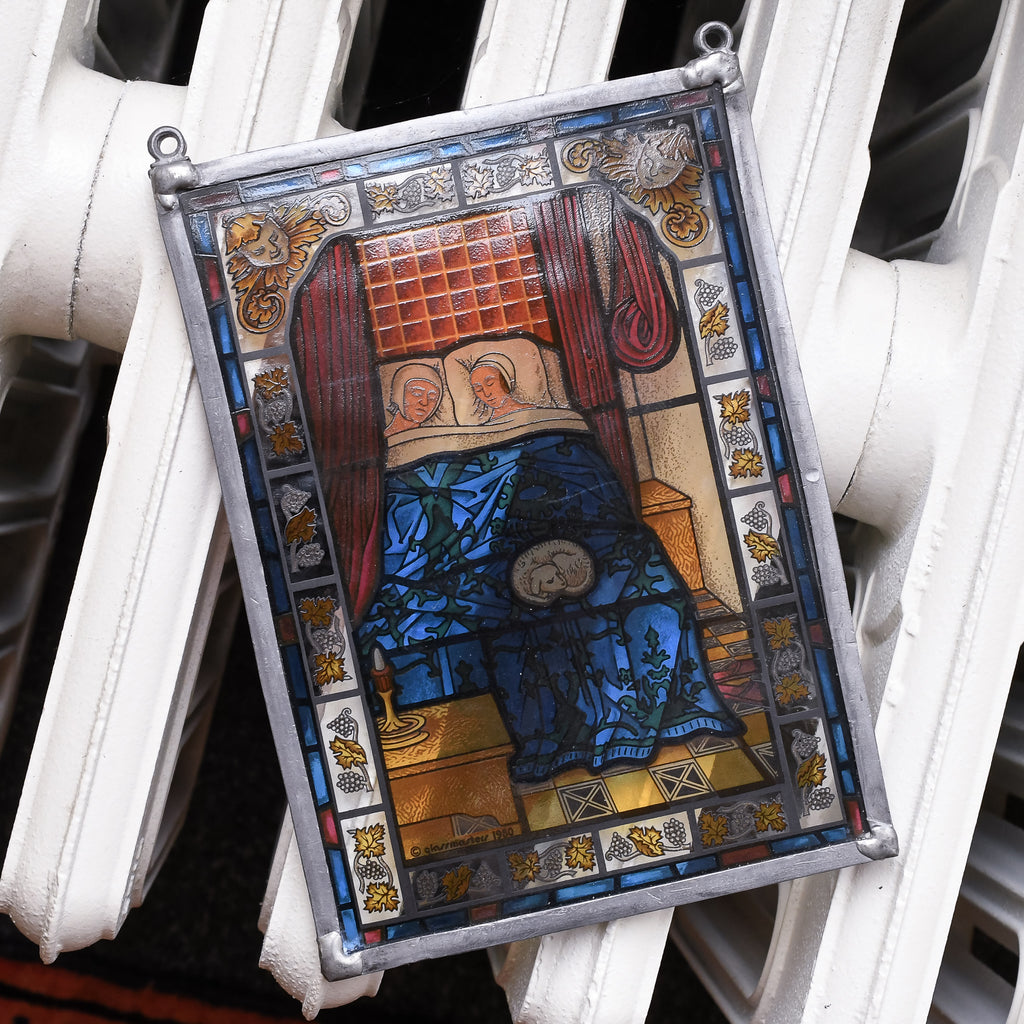 Vintage Stained Glass "Medieval Marital Bed with Dog" Panel – Butter ...