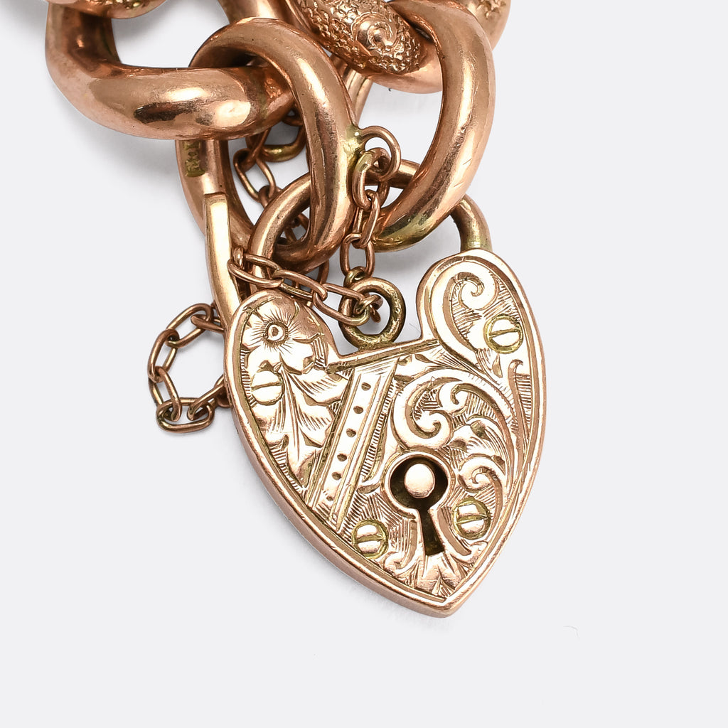 Victorian Rose Gold Curb-Link Bracelet With Heart Padlock Clasp ...